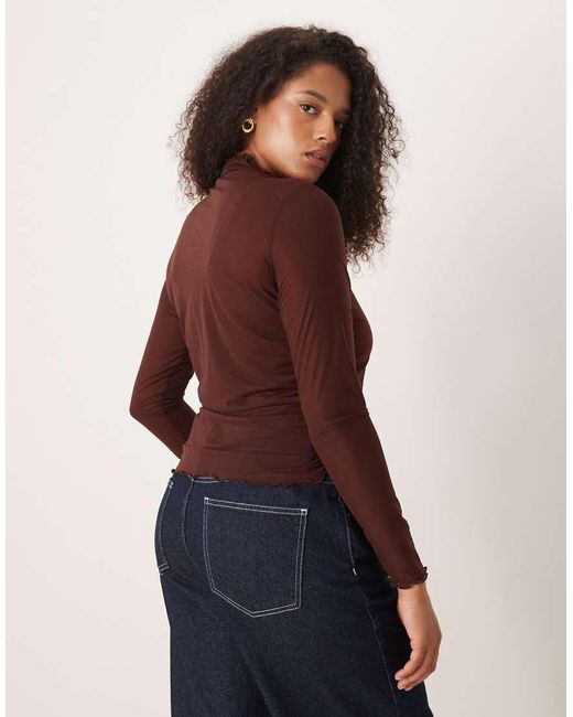 ASOS Asos Design Curve High Neck Mesh Semi Sheer Long Sleeve Top in Red ...