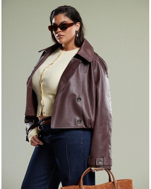 ASOS Asos Design Curve Leather Look Bomber Trench Coat in Brown | Lyst