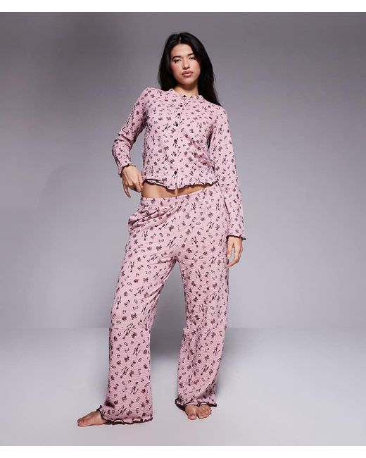 Threadbare Long Sleeve Button Down Ski Print Pyjamas in Pink | Lyst UK