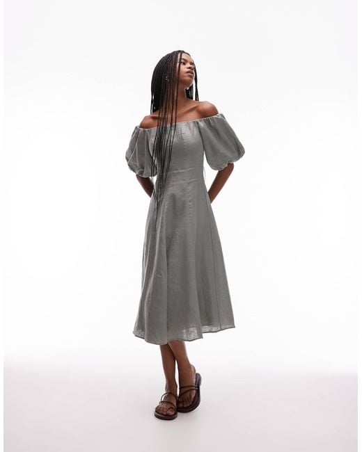 Mango Linen Puff Sleeve Midi Dress in White | Lyst