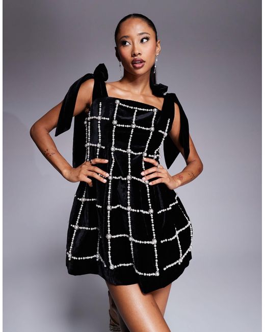 ASOS Velvet Pearl Embellished Caged Mini Dress With Bow Straps in Black | Lyst