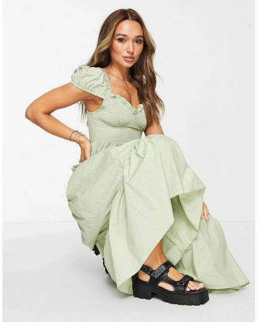 Asos Shirred Bust Midi Dress With Tiered Skirt In Green Lyst Uk