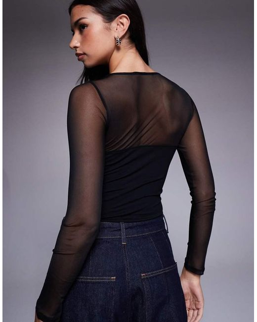 ASOS Mesh Mix Panel Long Sleeve Bodysuit in Blue | Lyst UK