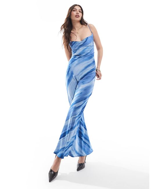 Object Satin Low Cross Back Maxi Dress in Blue | Lyst