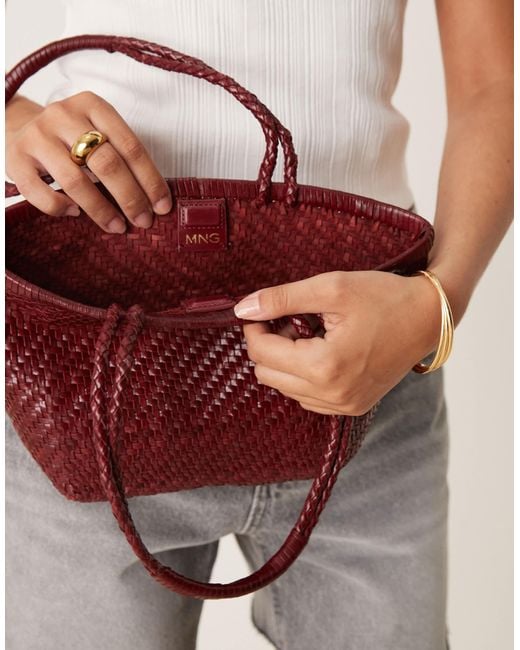 Mango Woven Leather Hand Bag in Red | Lyst