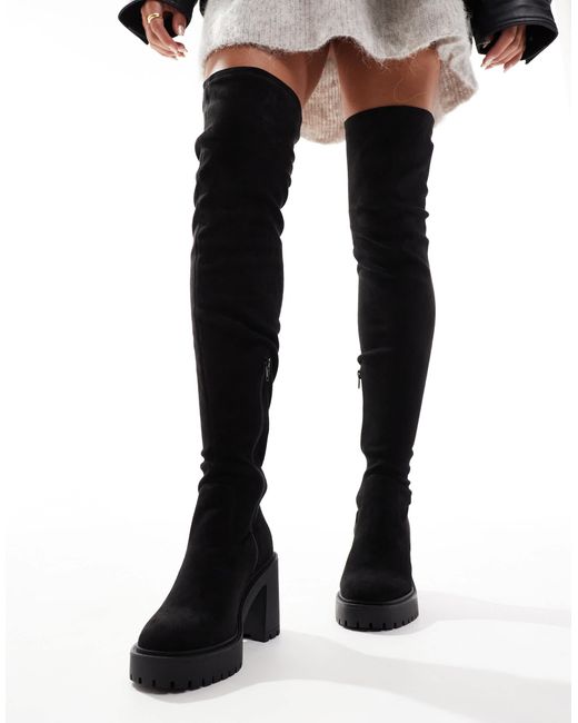 ASOS Kaz Chunky Heeled Over The Knee Boots in Black | Lyst