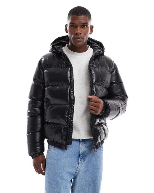 Threadbare High Shine Hooded Puffer Jacket in Blue for Men | Lyst UK