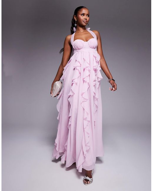 ASOS Halter Maxi Dress With Waterfall Ruffles in Purple | Lyst
