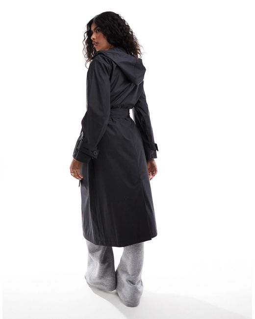 ASOS Rubberised Rain Hooded Trench Coat With Belt Detail in Black | Lyst