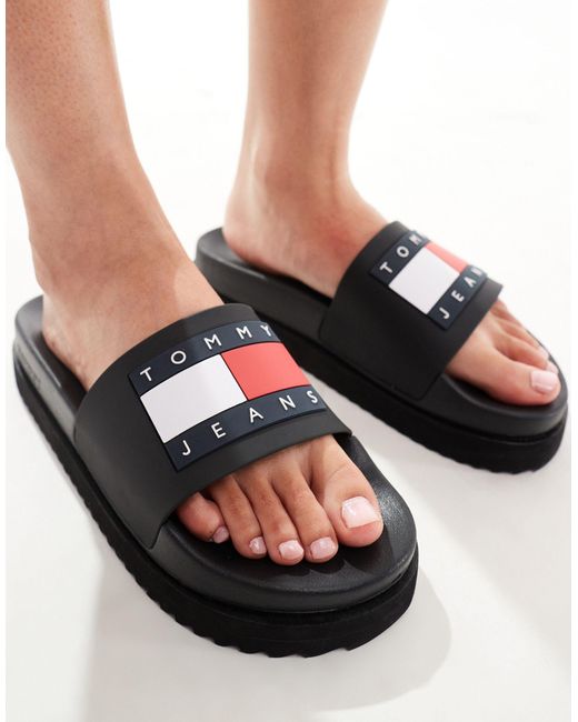 Tommy Hilfiger Platform Flag Sliders in White | Lyst
