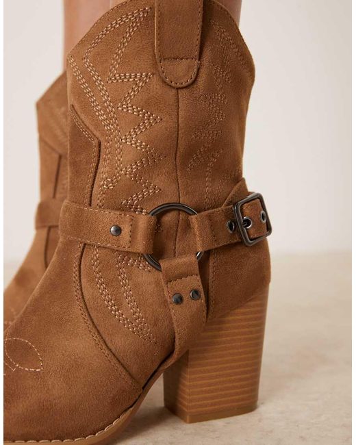 Glamorous Western Heeled Ankle Boots in Natural | Lyst UK