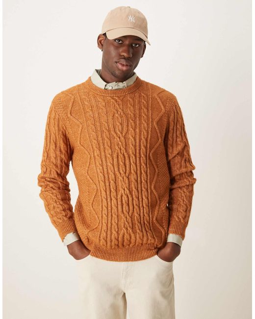 ASOS Heavyweight Cable Knit Crew Neck Sweater in Natural for Men | Lyst