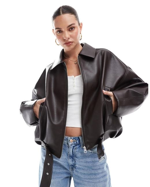 Pull&Bear Oversized Faux Leather Biker Jacket in Black | Lyst