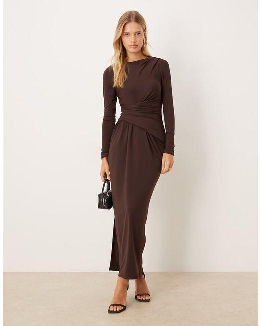 ASOS Long Sleeve Drape Maxi Dress in Natural | Lyst UK