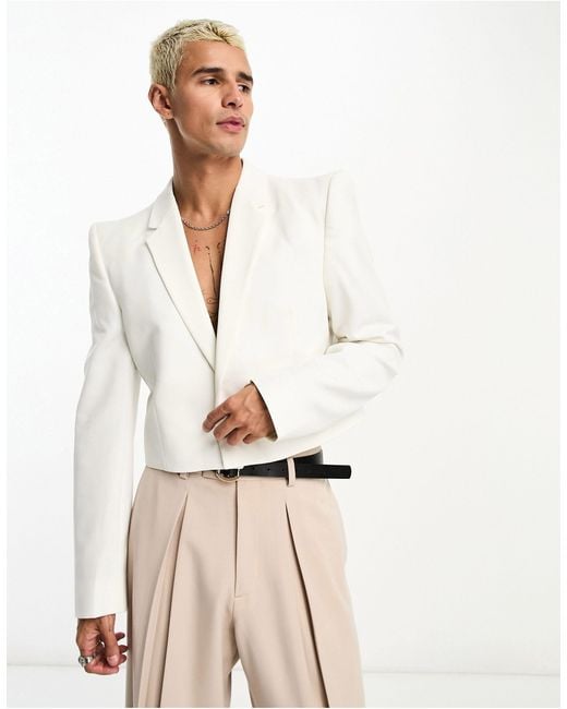 ASOS Slim Fit Cropped Pagoda Shoulder Blazer in Natural for Men | Lyst