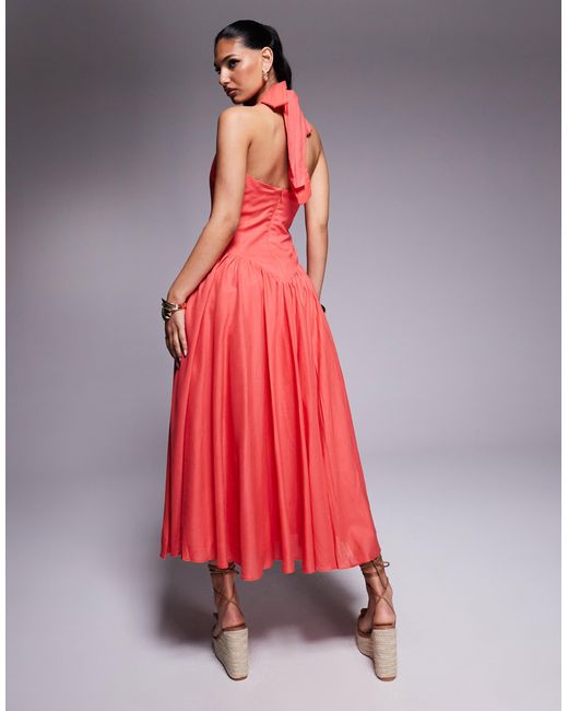 Bardot Halter Neck Drop Waist Maxi Dress in Red | Lyst