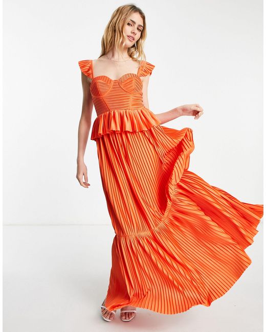 Asos Corset Detail Pleated Tiered Maxi Dress In Orange Lyst Uk