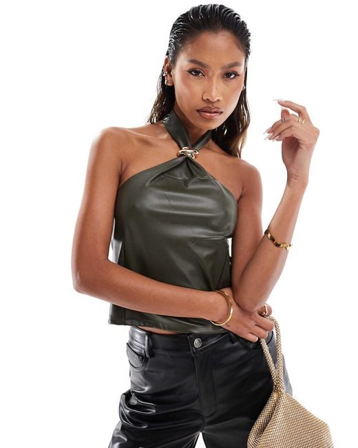 ASOS Halter Leather Look Top With Heard Wear Detail in Green | Lyst