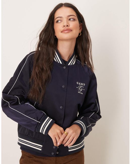 GANT Satin Logo Varsity Bomber Jacket in Blue | Lyst