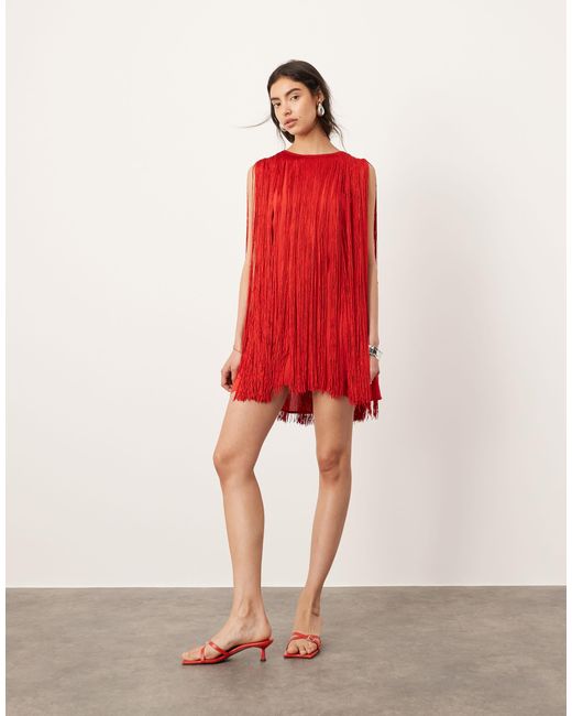 ASOS Ultimate Fringe Trapeze Mini Dress in Red | Lyst