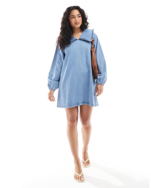 ASOS Denim Mini Dress With Oversized Ruffle Collar in Blue | Lyst