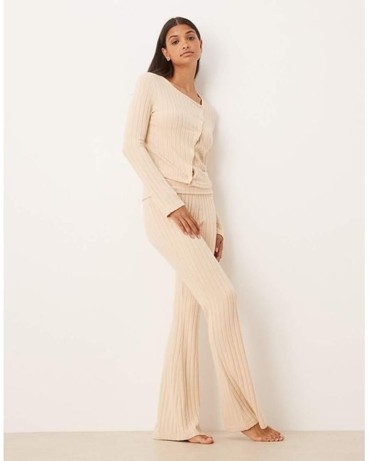 ASOS Wide Rib Knit Fold Over Wide Leg Pants in Natural | Lyst UK