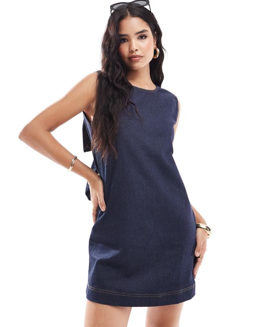 Object Denim Mini Dress With Bow Back in Blue | Lyst