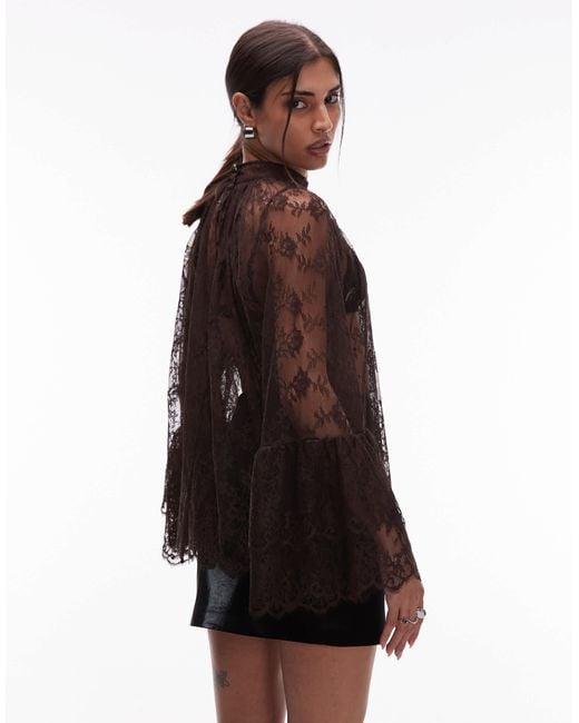 & Other Stories Sheer Lace Blouse With Tiered Ruffle Sleeves in Brown ...