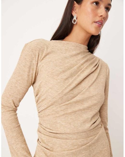 ASOS Ribbed Drape Maxi Dress in Natural | Lyst UK