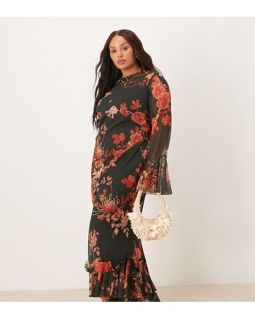 ASOS Asos Design Curve Long Sleeve Frill Seamed V Back Maxi Dress in ...
