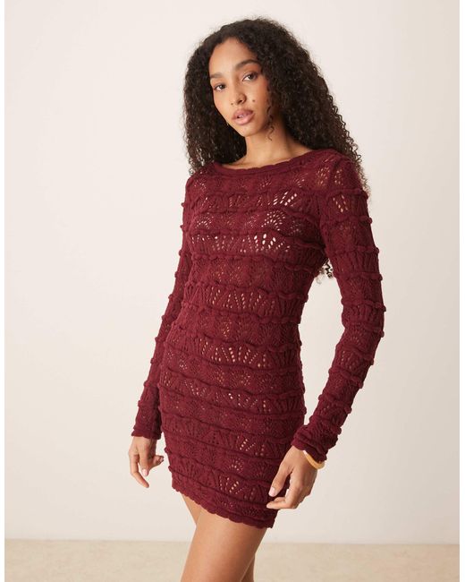 ASOS Open Stitch Knitted Mini Dress With Long Sleeves in Red | Lyst