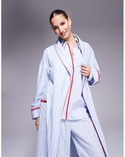 ASOS Woven Stripe Robe With Rick-rack Trim in Blue | Lyst