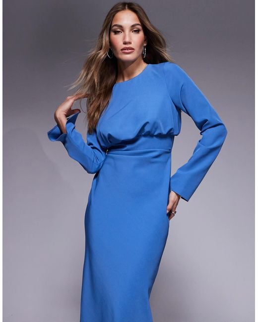 ASOS Structured Long Sleeve Maxi Dress With Ruched Bust in Blue | Lyst