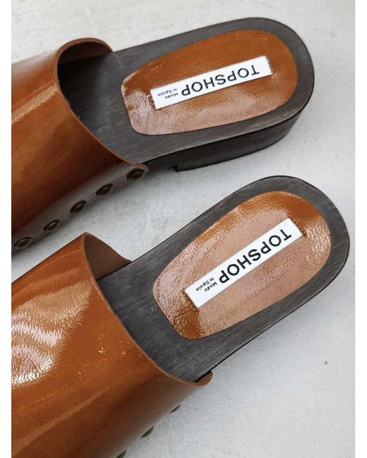 TOPSHOP Premium Harley Leather Wooden Clog in Brown | Lyst UK
