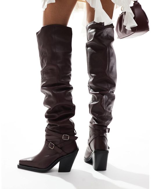 ASOS Kingfisher Leather Ruched Over The Knee Boots With Buckles in Red ...