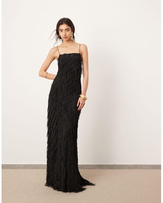 ASOS Textured Fringe Cami Maxi Dress With Low Back in Black | Lyst