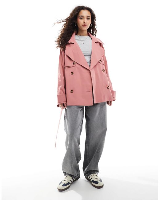ASOS Oversized Short Trench Coat With Belt in Red | Lyst