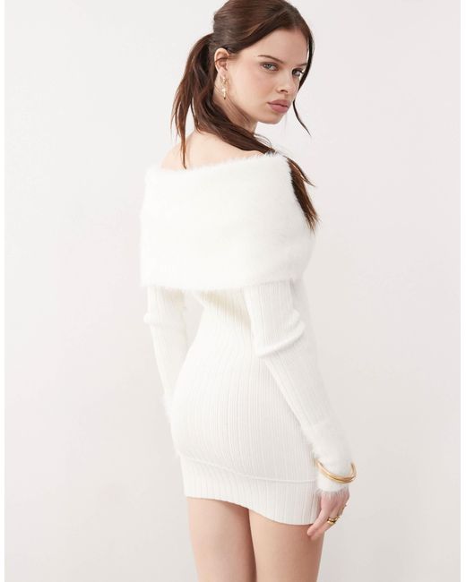 The Kript Off Shoulder Mini Dress With Faux Fur Cuffs And Fold Over in Natural | Lyst