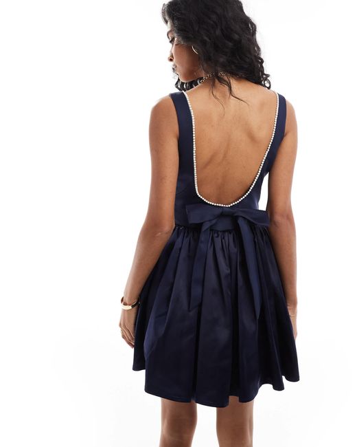 The Frolic Exclusive Heavy Satin Square Neck Low Pearl Trim Back Bow ...