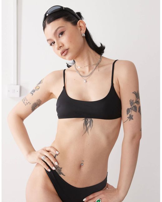 Monki Mix And Match Scoop Neck Bikini Top With Tie Back in Black | Lyst