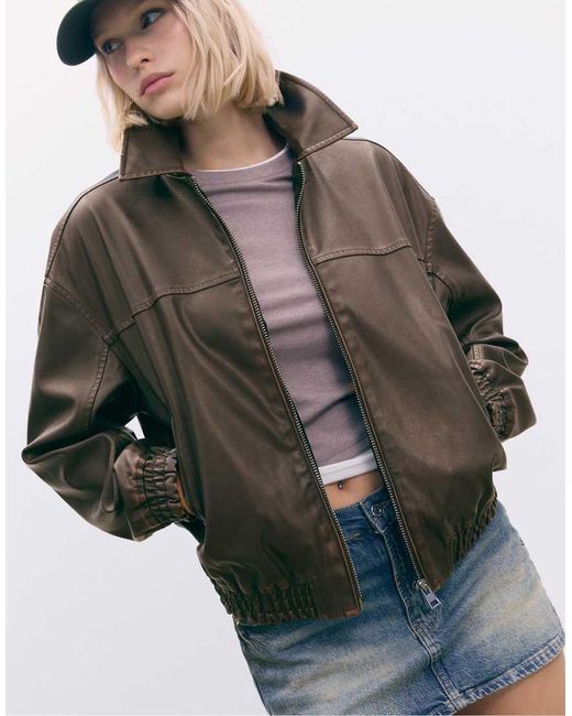 Stradivarius Faded Leather Effect Jacket in Brown | Lyst UK