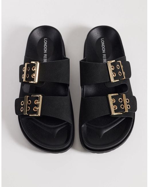 London Rebel Morgan Double Buckle Flat Sandals in Black | Lyst