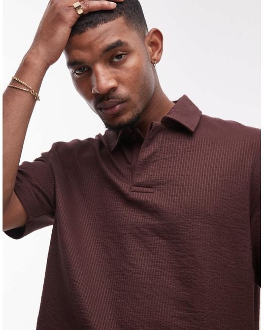 TOPMAN Relaxed Crop Fit Polo Shirt With Seersucker Stripe in Red for ...