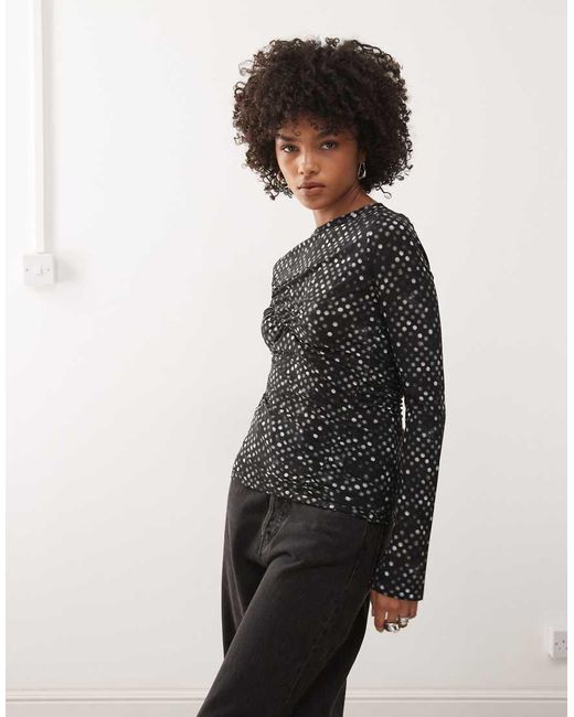 Weekday Sheer Mesh Gathered Polka Dot Top in Black | Lyst UK
