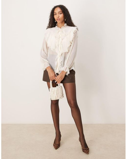 Glamorous Button Up Tie Front Ruffle Blouse in Natural | Lyst UK
