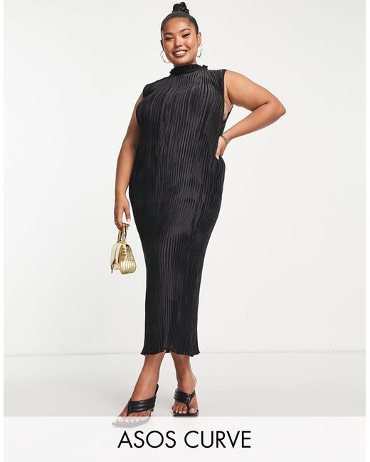 Asos Asos Design Curve Satin Plisse Midi Dress With High Neck In Black