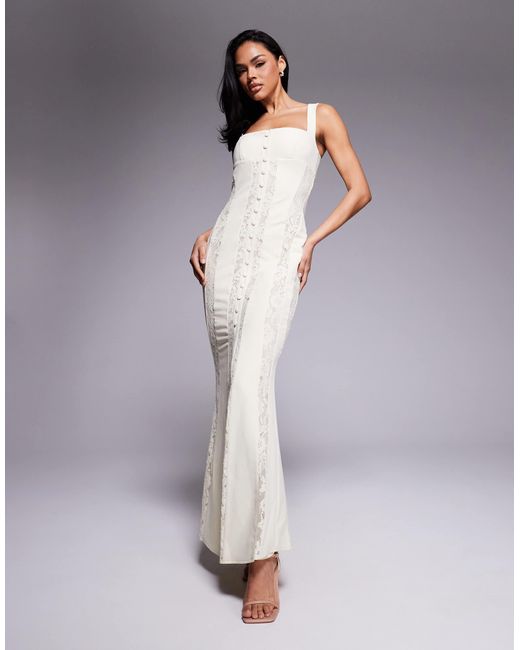 Murci Exclusive Square Neck Sheer Lace Panel Maxi Dress in Gray | Lyst