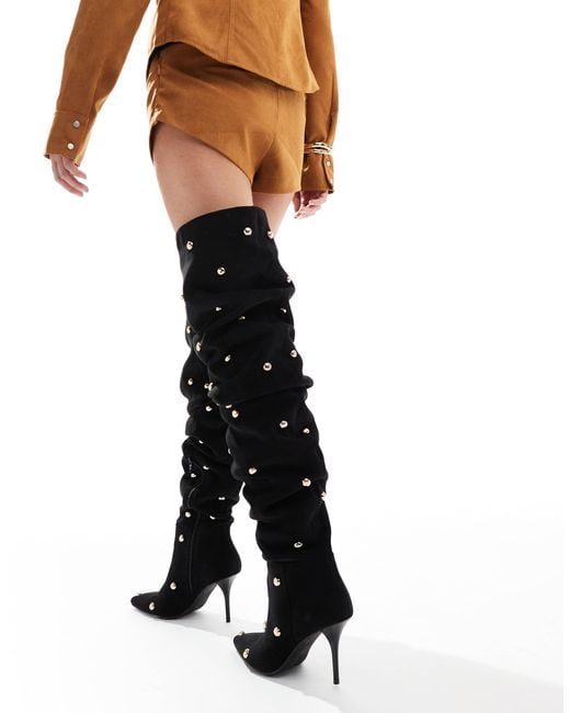 ASOS Karma Studded Heeled Over The Knee Boots in Black | Lyst
