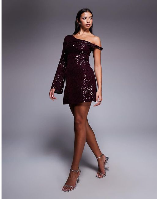 ASOS Sequin One-shoulder Mini Dress With Twist Detail in Red | Lyst UK