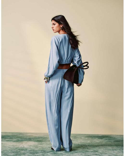 ASOS Tailored Barrel Leg Trousers With Turn Up Co-ord in Blue | Lyst